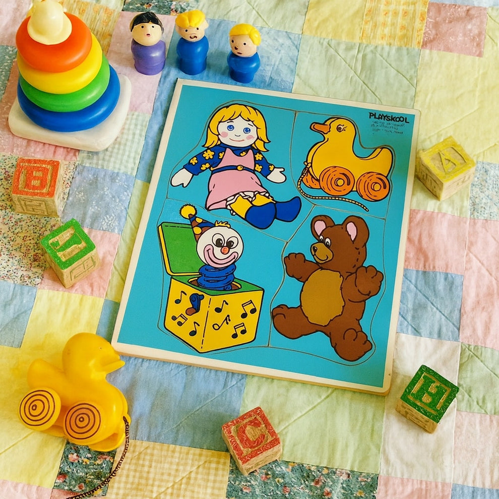 Vintage 1986 Playskool Wooden Puzzle – “Playthings” 4-Piece Toy Theme ...